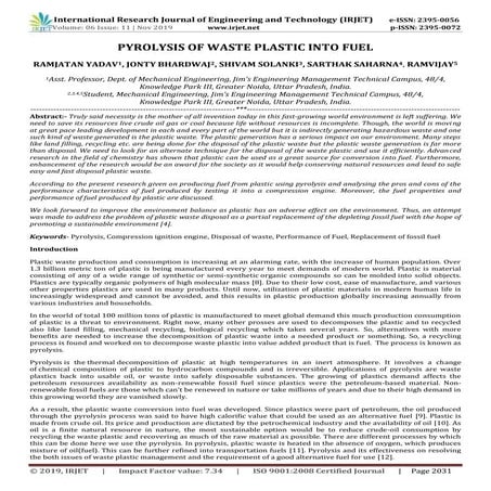 IRJET- Pyrolysis of Waste Plastic into Fuel | PDF