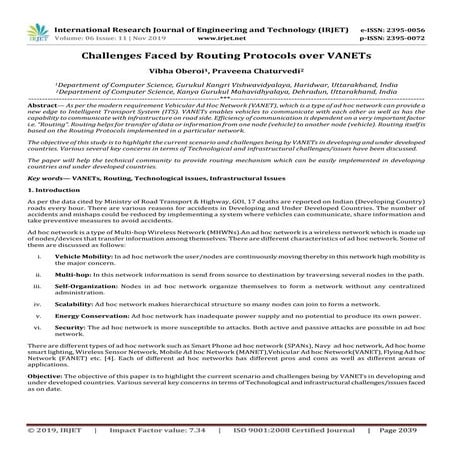 Irjet Challenges Faced By Routing Protocols Over Vanets Pdf