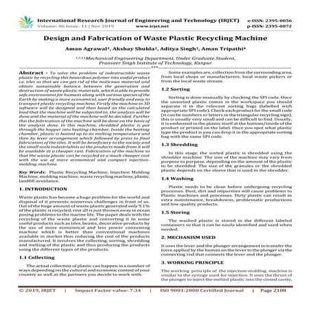 IRJET- Design and Fabrication of Waste Plastic Recycling Machine | PDF