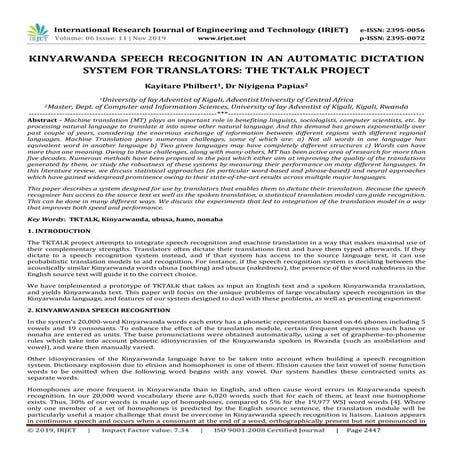 IRJET- Kinyarwanda Speech Recognition in an Automatic Dictation System for Translators: The ...