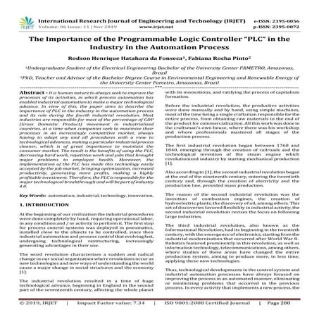 IRJET- The Importance of the Programmable Logic Controller “PLC” in the Industry in the ...