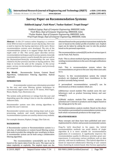 Irjet Survey Paper On Recommendation Systems Pdf