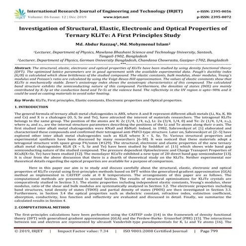IRJET- Investigation of Structural, Elastic, Electronic and Optical Properties of Ternary KLiTe ...