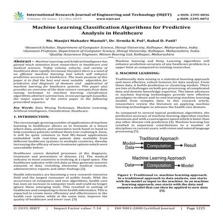 Irjet Machine Learning Classification Algorithms For Predictive Analysis In Healthcare Pdf
