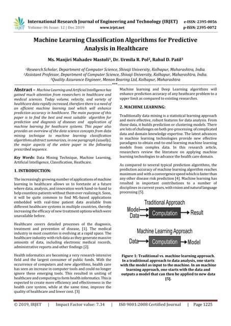 Irjet Machine Learning Classification Algorithms For Predictive Analysis In Healthcare Pdf