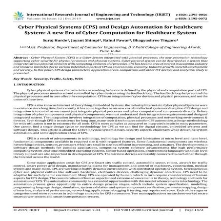 IRJET- Cyber Physical Systems (CPS) and Design Automation for Healthcare System: A New Era of ...