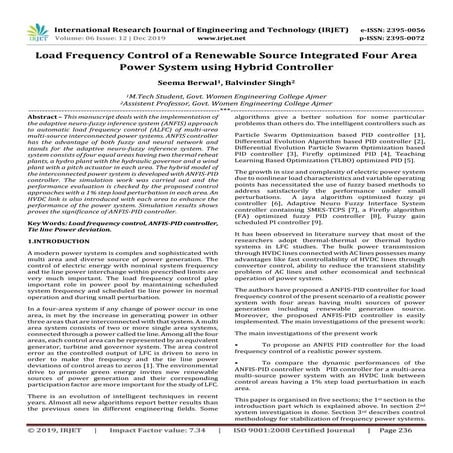 Irjet Load Frequency Control Of A Renewable Source Integrated Four