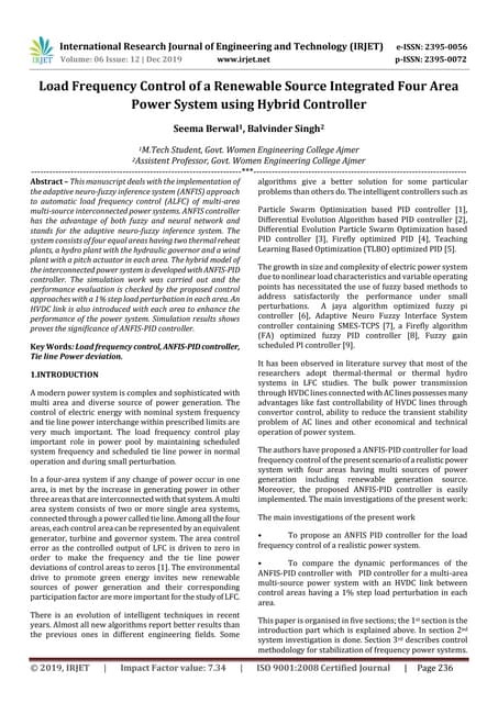 Irjet Load Frequency Control Of A Renewable Source Integrated Four