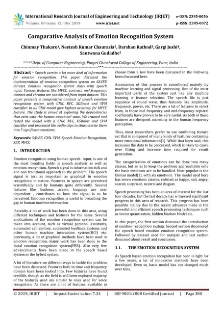 Irjet Comparative Analysis Of Emotion Recognition System Pdf