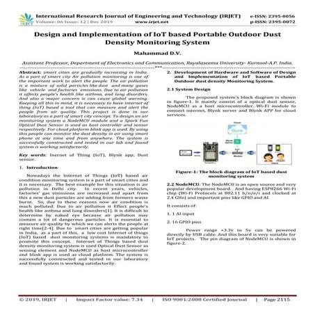 Irjet Design And Implementation Of Iot Based Portable Outdoor Dust Density Monitoring System Pdf