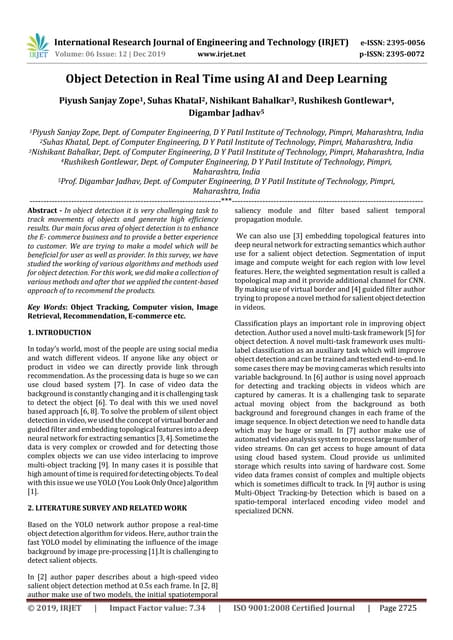 Irjet Object Detection In Real Time Using Ai And Deep Learning Pdf