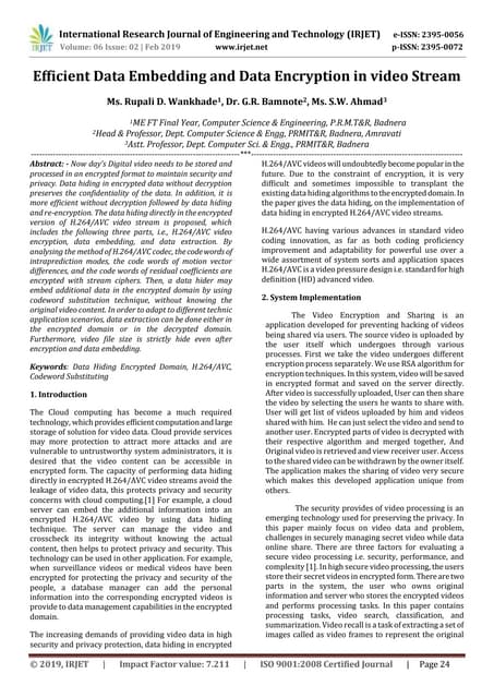 Irjet Efficient Data Embedding And Data Encryption In Video Stream Pdf