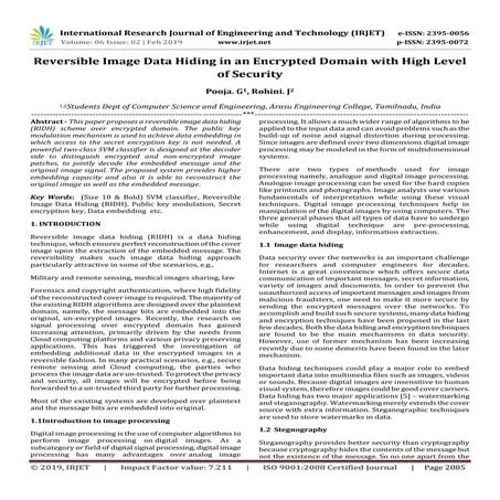 Irjet Reversible Image Data Hiding In An Encrypted Domain With High