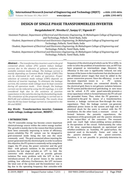 Irjet Design Of Single Phase Transformerless Inverter Pdf