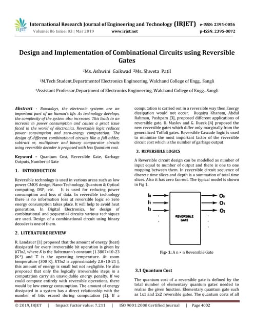 Irjet Design And Implementation Of Combinational Circuits Using Reversible Gates Pdf
