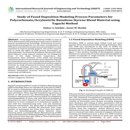 IRJET- Study of Fused Deposition Modeling Process Parameters for Polycarbonate/Acrylonitrile ...