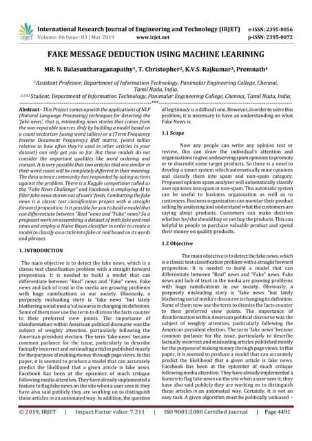 Fake News Detection Using Machine learning algorithm | PPT