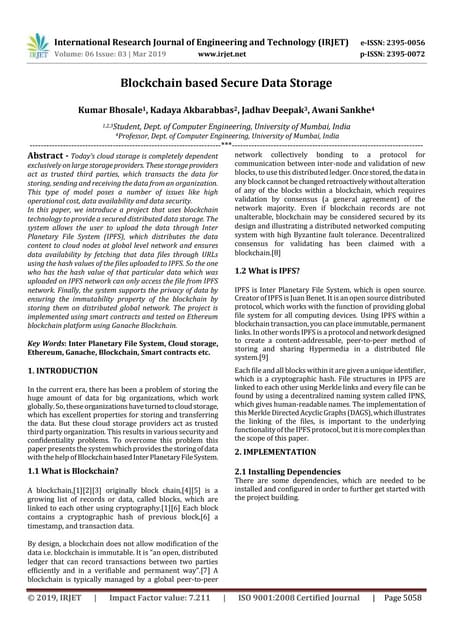 Irjet Blockchain Based Secure Data Storage Pdf