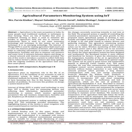 Irjet Agricultural Parameters Monitoring System Using Iot Pdf