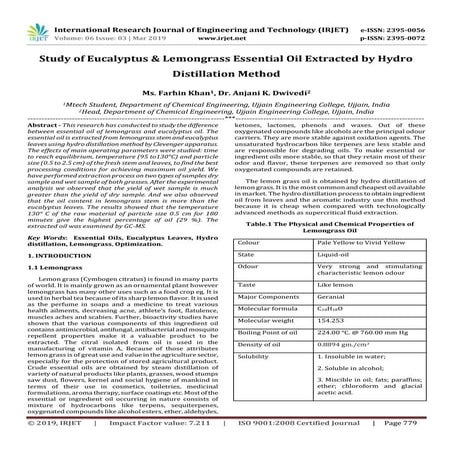 IRJET- Study of Eucalyptus & Lemongrass Essential Oil Extracted by ...