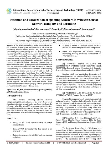 Irjet Detection And Localization Of Spoofing Attackers In Wireless Sensor Network Using Ids And