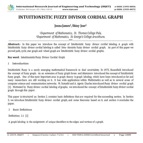 IRJET- Intuitionistic Fuzzy Divisor Cordial Graph | PDF