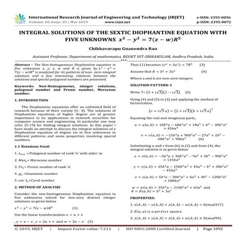Irjet Integral Solutions Of The Sextic Diophantine Equation With Five Unknowns X3 Y3 7 Z