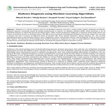 Irjet Diabetes Diagnosis Using Machine Learning Algorithms Pdf