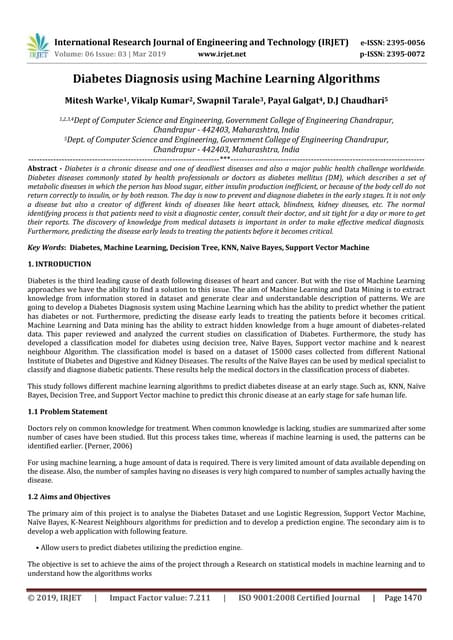 Irjet Diabetes Diagnosis Using Machine Learning Algorithms Pdf