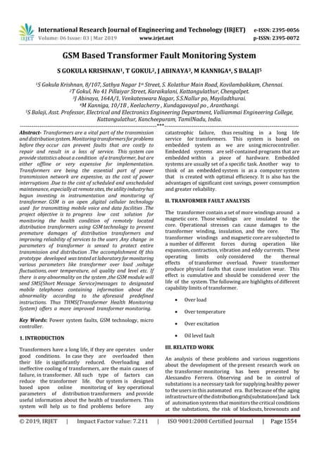 Irjet Gsm Based Transformer Fault Monitoring System Pdf