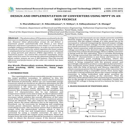 Irjet Design And Implementation Of Converters Using Mppt In An Eco
