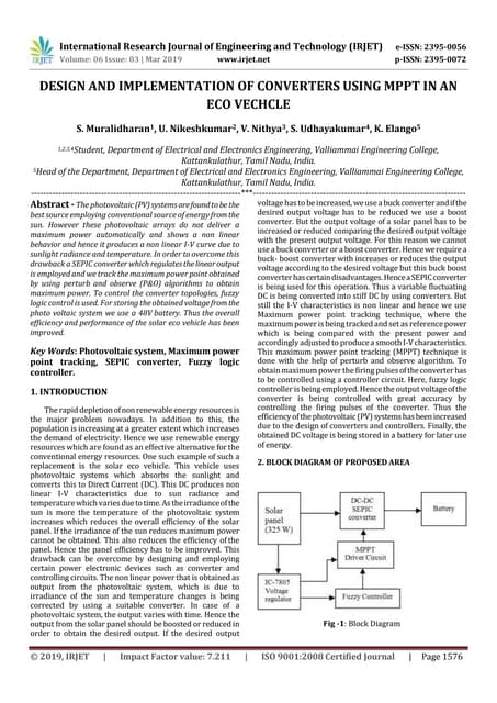 Irjet Design And Implementation Of Converters Using Mppt In An Eco