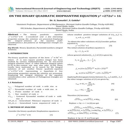 IRJET- On the Binary Quadratic Diophantine Equation Y2=272x2+16 | PDF