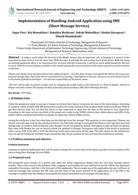 Irjet Implementation Of Handling Android Application Using Smsshort