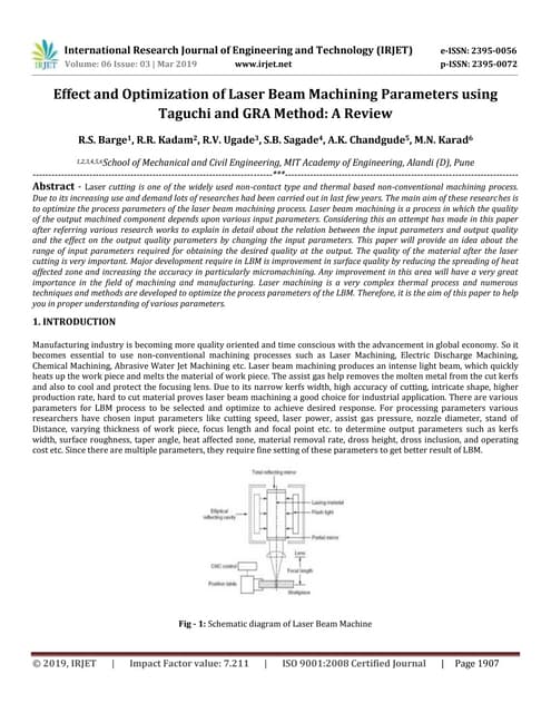 Irjet Effect And Optimization Of Laser Beam Machining Parameters Using