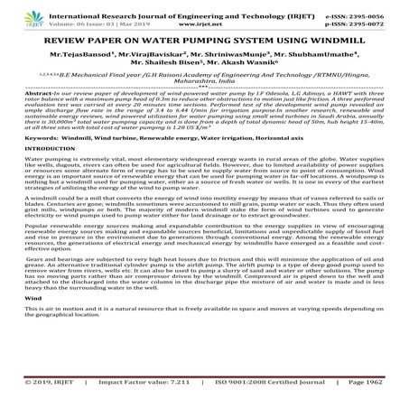 IRJET- Review Paper on Water Pumping System using Windmill | PDF