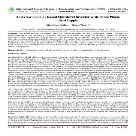 Irjet A Review On Solar Based Multilevel Inverter With Three Phase