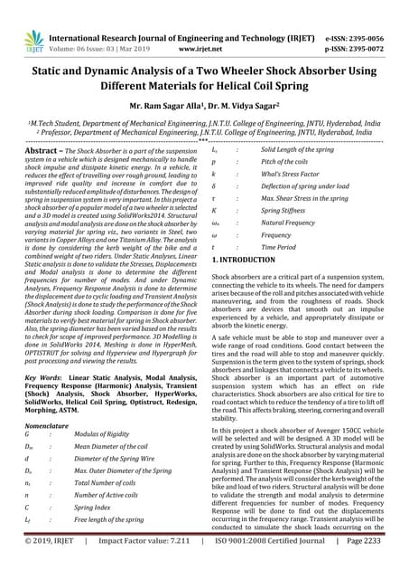 Irjet Static And Dynamic Analysis Of A Two Wheeler Shock Absorber