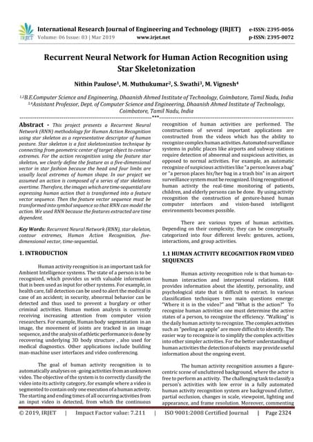 Irjet Recurrent Neural Network For Human Action Recognition Using Star Skeletonization Pdf