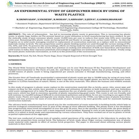 IRJET- An Experimental Study of Geopolymer Brick by Using of Waste ...