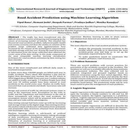 Irjet Road Accident Prediction Using Machine Learning Algorithm Pdf