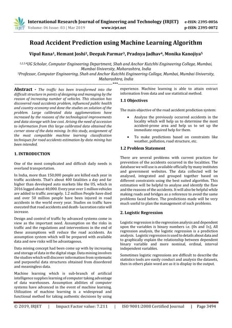 Irjet Road Accident Prediction Using Machine Learning Algorithm Pdf