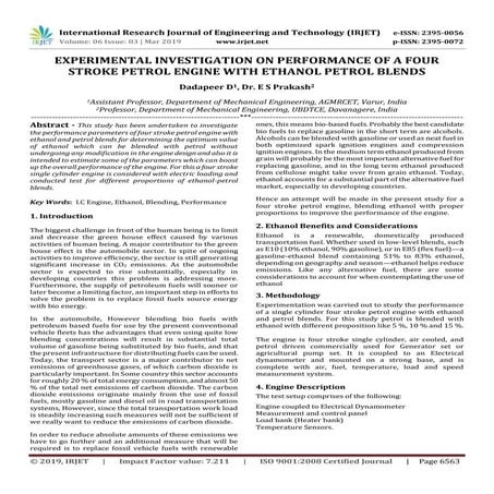 IRJET- Experimental Investigation on Performance of a Four Stroke Petrol Engine with Ethanol ...