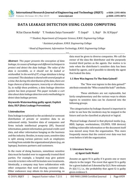 Irjet Data Leakage Detection Using Cloud Computing Pdf Computer