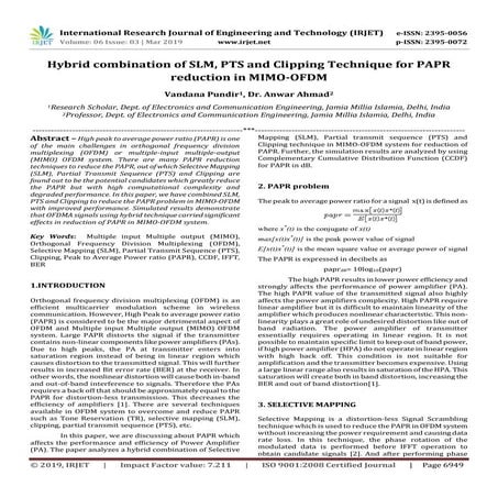 IRJET- Hybrid Combination of SLM, PTS and Clipping Technique for PAPR Reduction in MIMO-OFDM | PDF