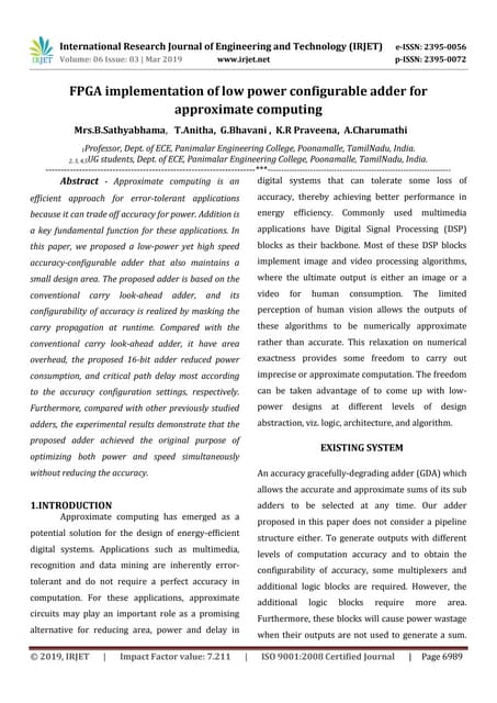 Irjet Fpga Implementation Of Low Power Configurable Adder For