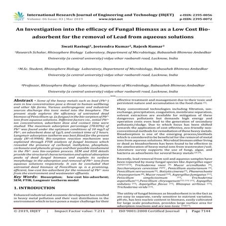 IRJET- An Investigation Into the Efficacy of Fungal Biomass as a Low Cost Bio-Adsorbent for the ...