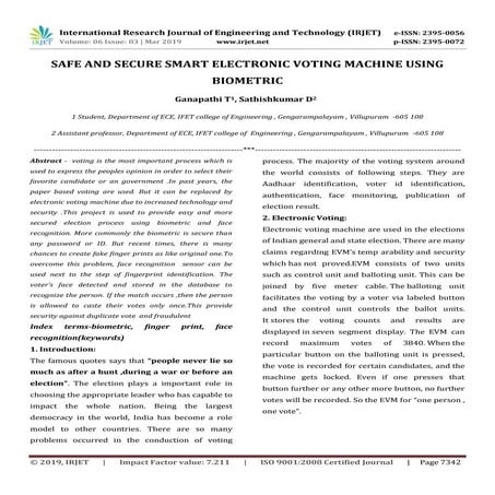 IRJET- Safe and Secure Smart Electronic Voting Machine using Biometric | PDF