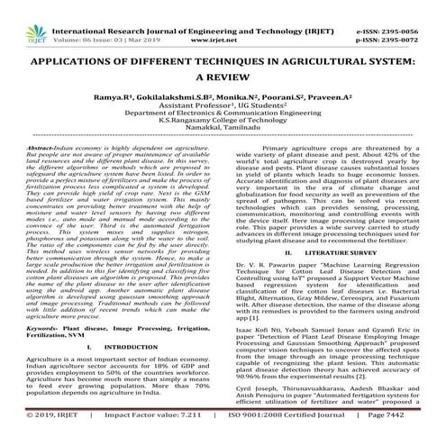 IRJET- Applications of different Techniques in Agricultural System: A ...