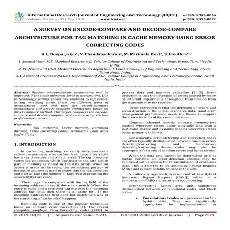 IRJET- A Survey on Encode-Compare and Decode-Compare Architecture for Tag Matching in Cache ...